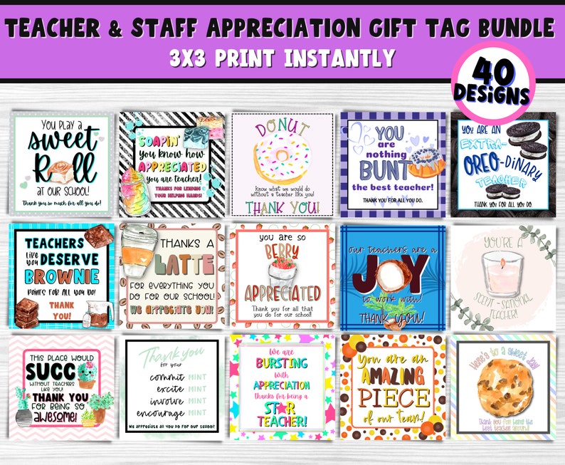 Teacher Appreciation Gift Tag Bundle of 40 Designs Coffee, Snack ...