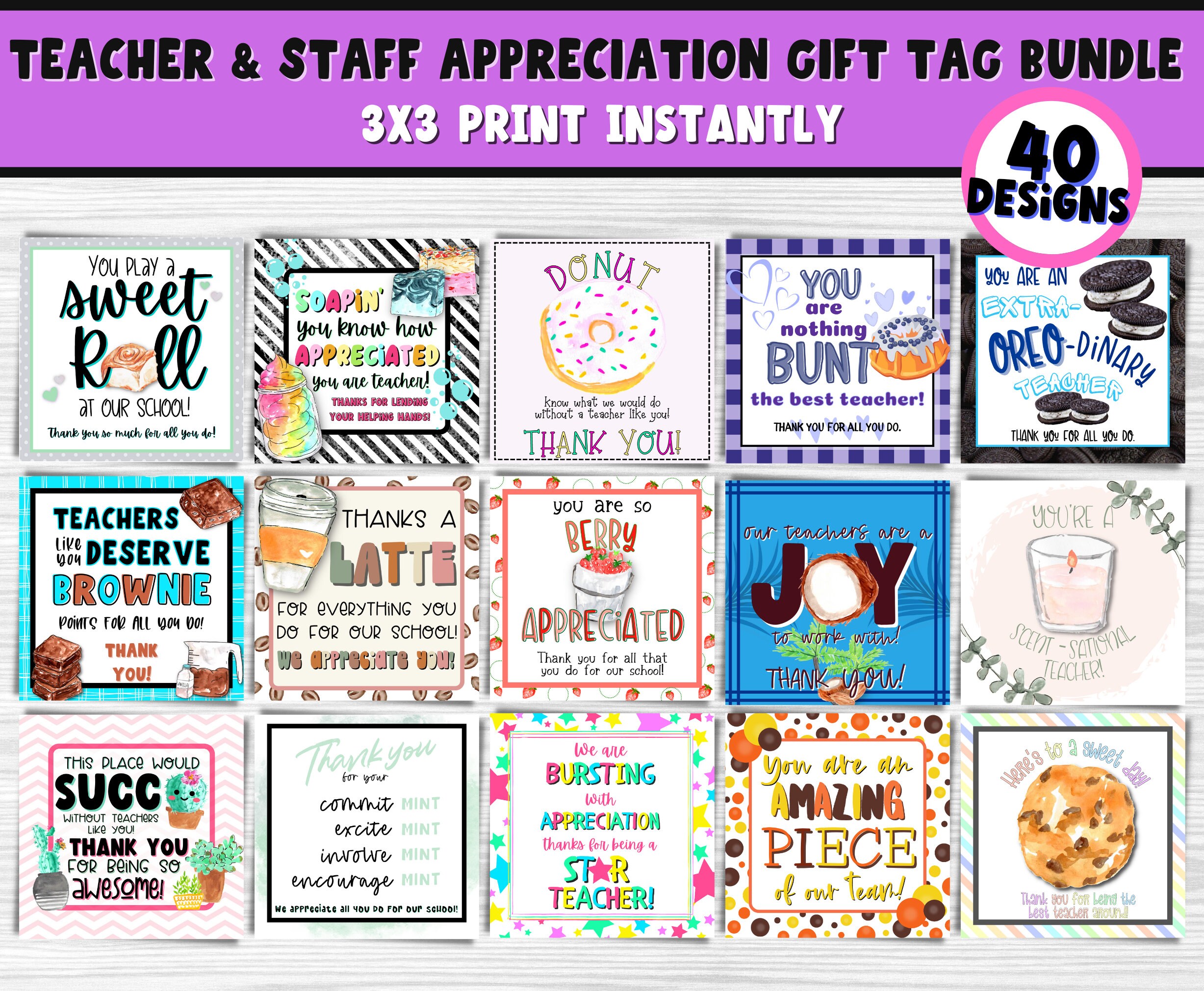 Teacher Appreciation Gift Tag Bundle of 40 Designs Coffee, Snack ...