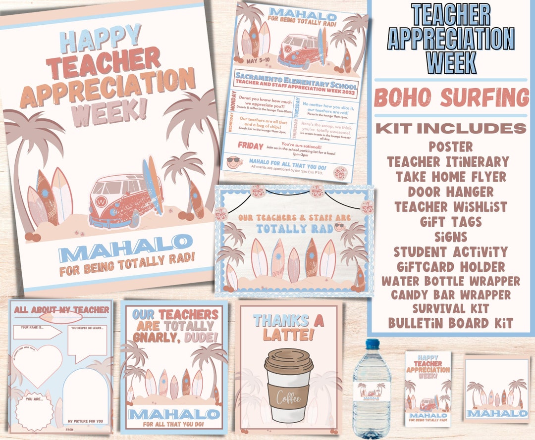 Mahalo Boho Surfing Teacher Appreciation Week Printable Editable Bundle ...