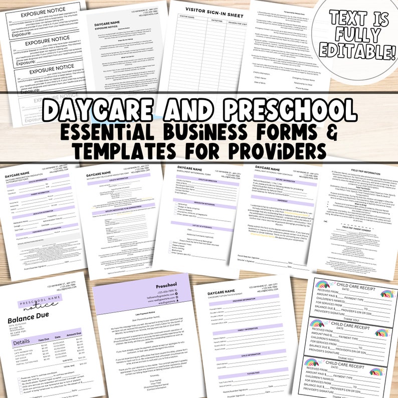 EDITABLE Essential Business Daycare Forms and Templates | Preschool ...