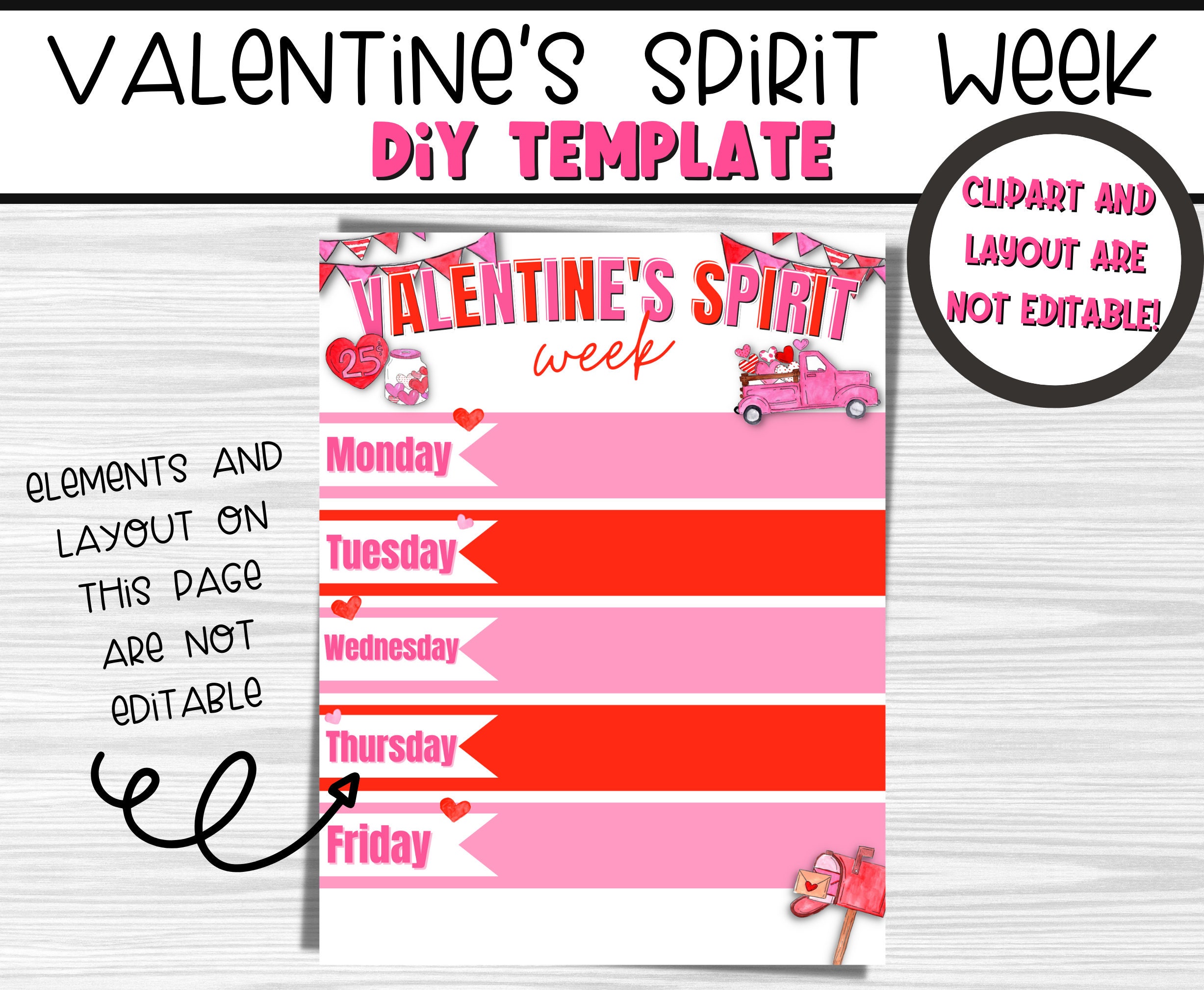Valentine's Spirit Week Editable Itinerary Schedule | Printable DIY ...