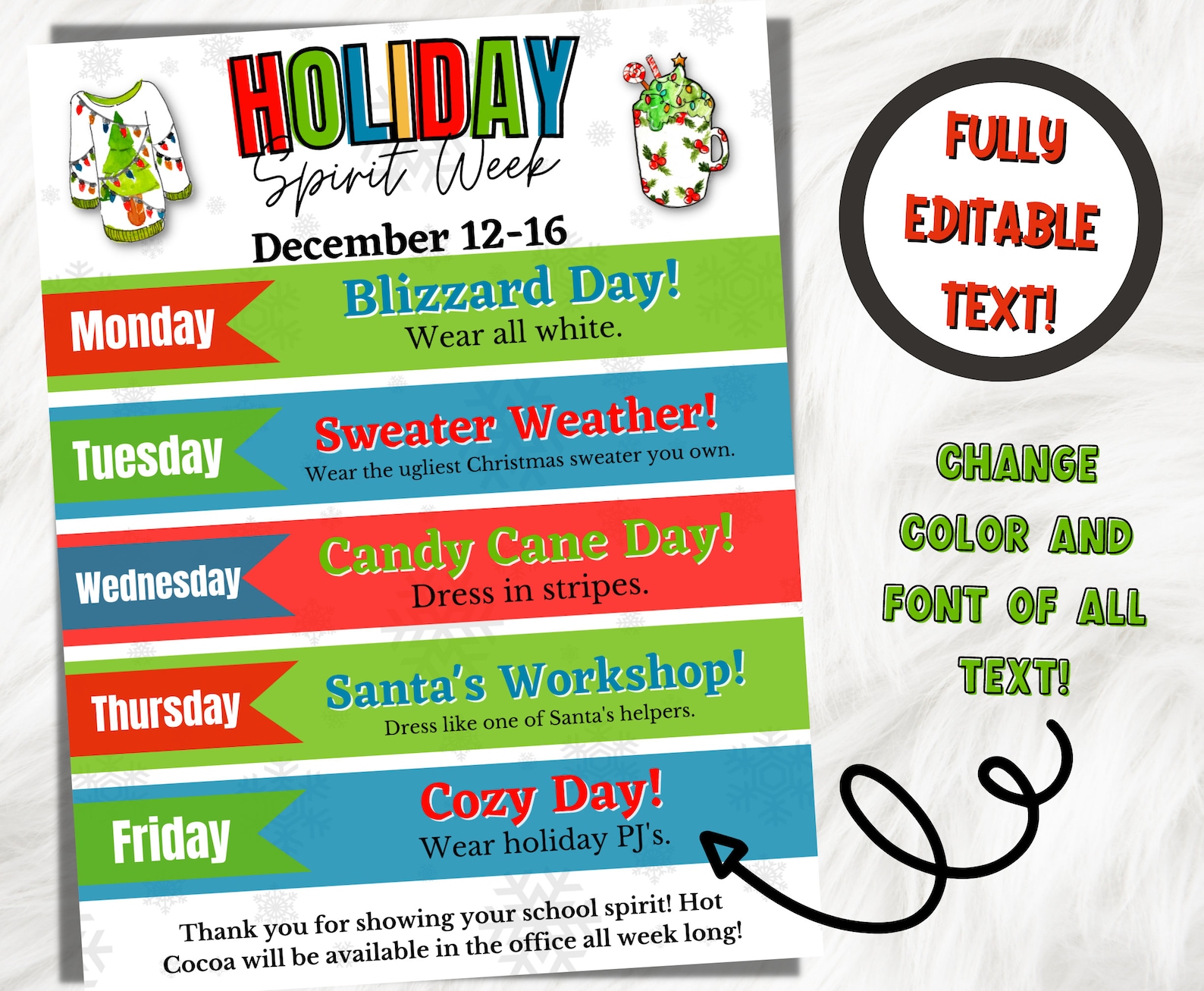 Holiday Spirit Week Editable Itinerary Schedule | Printable DIY Spirit ...