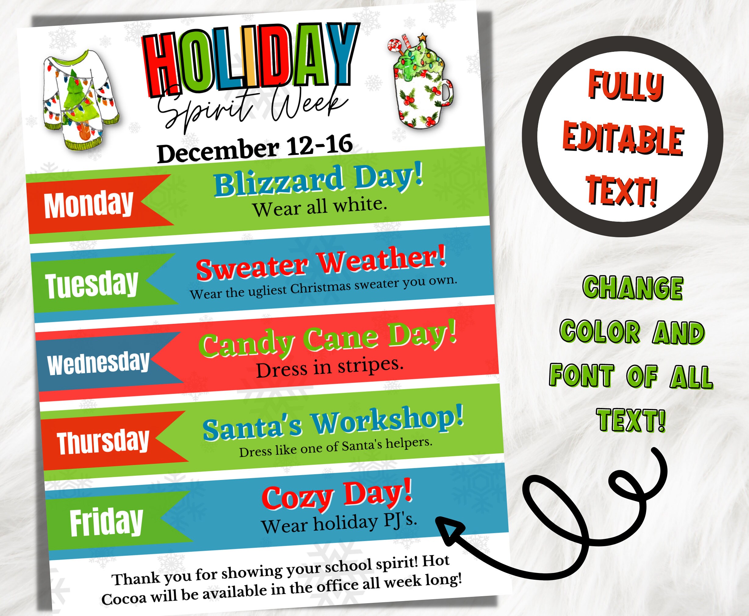 Holiday Spirit Week Editable Itinerary Schedule | Printable DIY Spirit ...