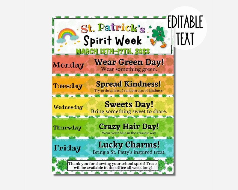 St. Patrick's Spirit Week Editable Itinerary Schedule | Printable DIY ...