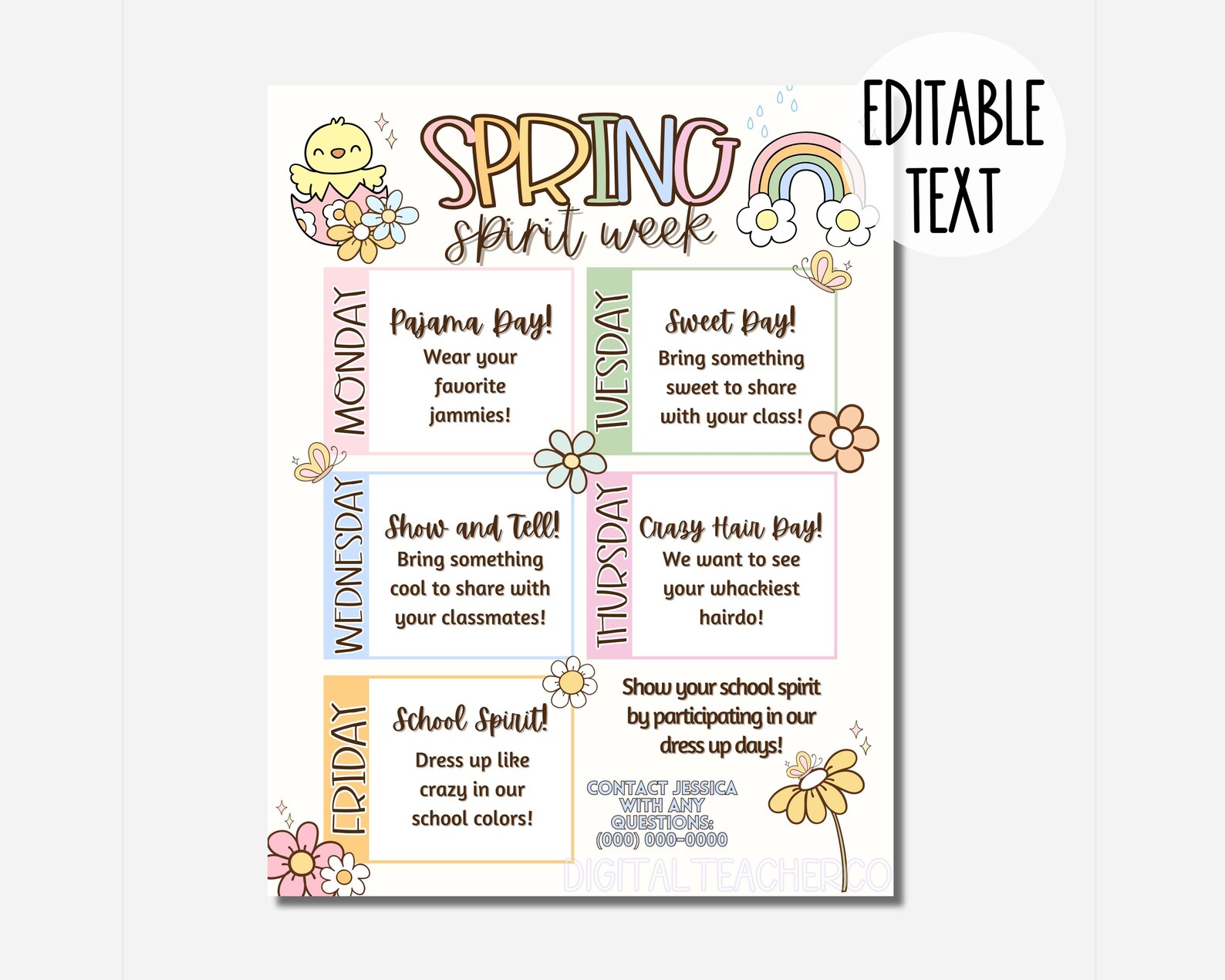 Cute Spring Spirit Week Editable Itinerary Schedule | Printable DIY ...