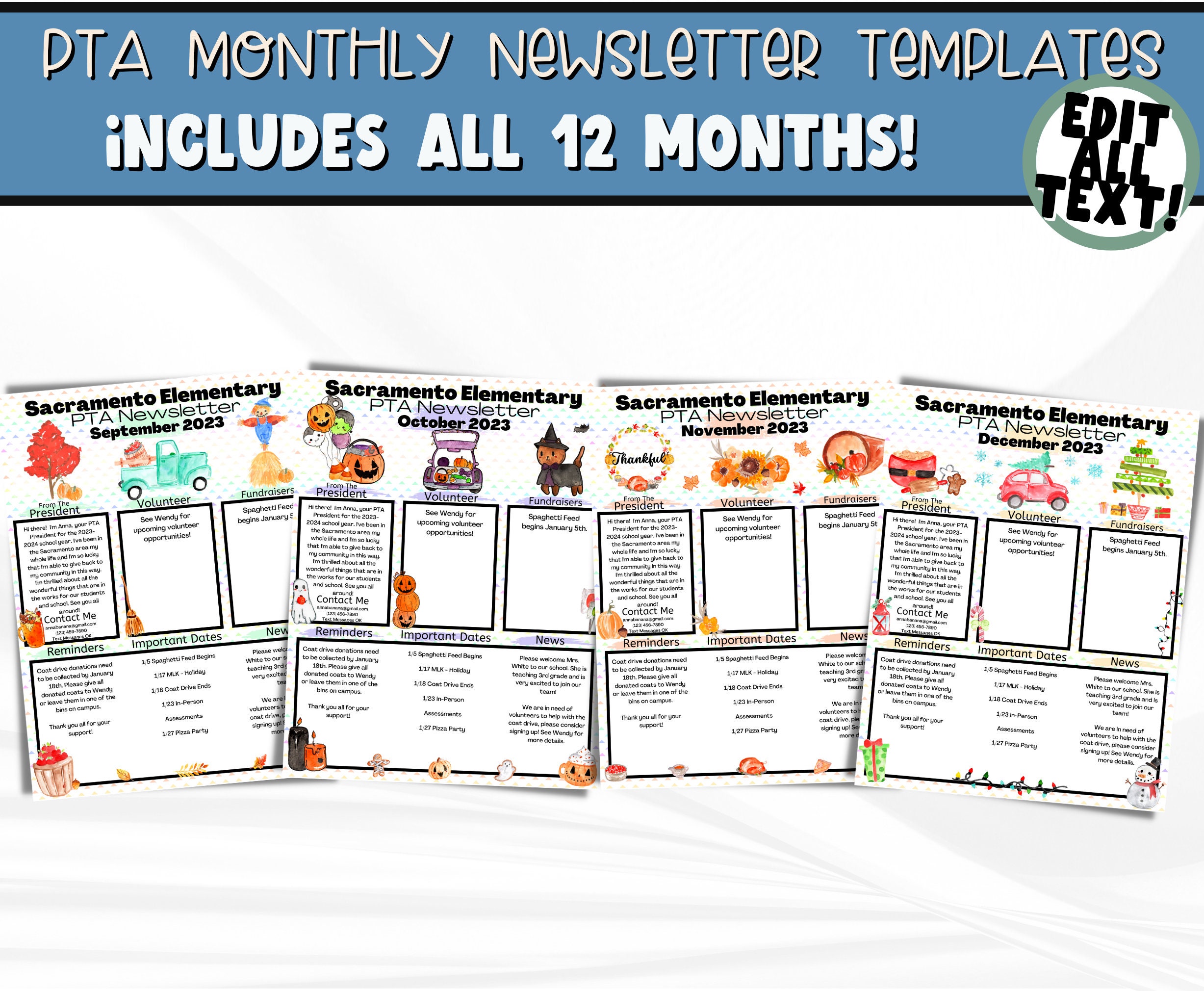 Yearly PTO/PTA Newsletter Editable Template for School. Parent Teacher ...