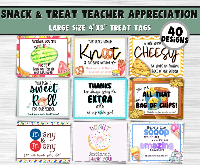 Snack & Candy TEACHER APPRECIATION Printable Tags Large Size 4x3 School ...