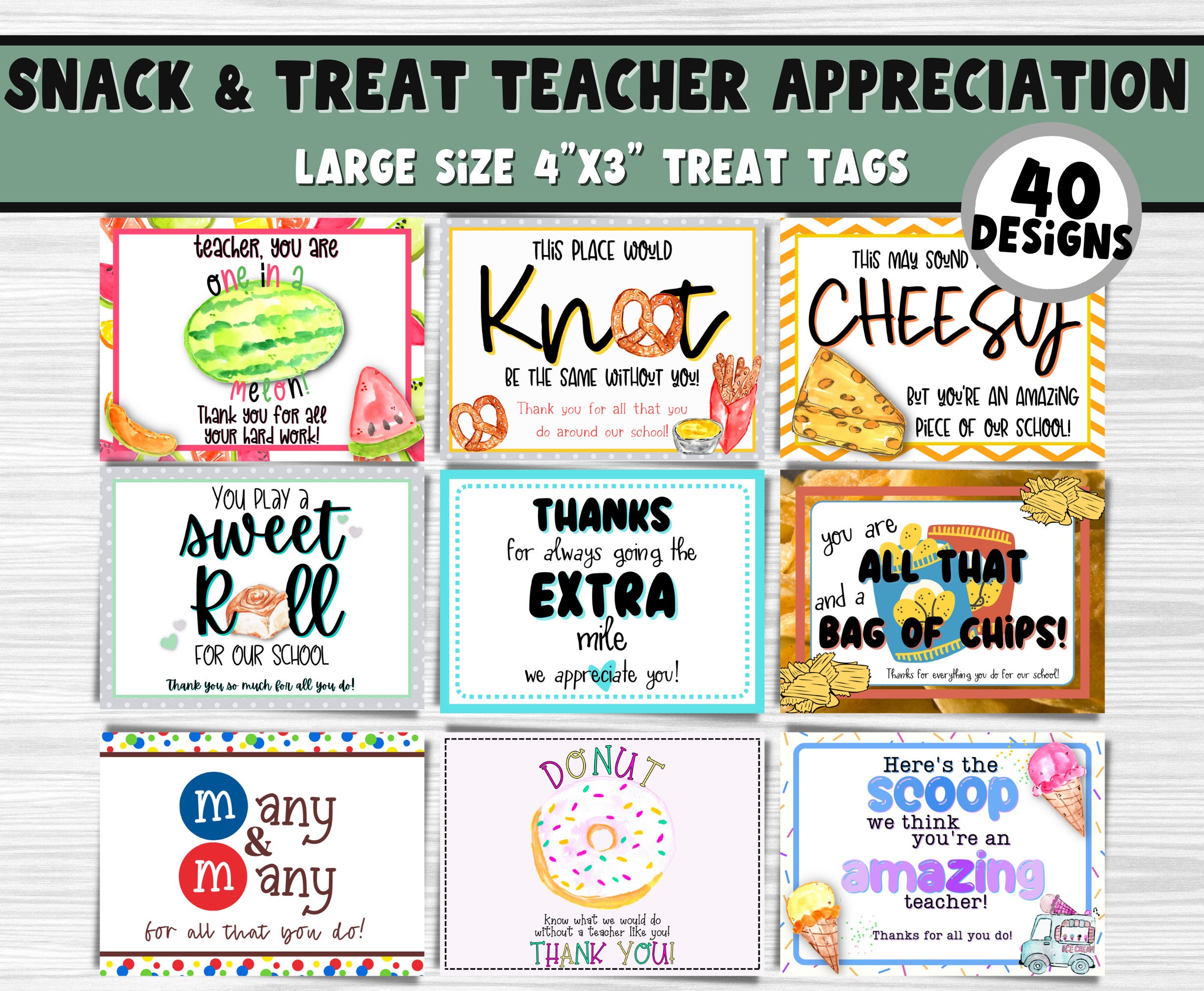 Snack & Candy TEACHER APPRECIATION Printable Tags Large Size 4x3 School ...