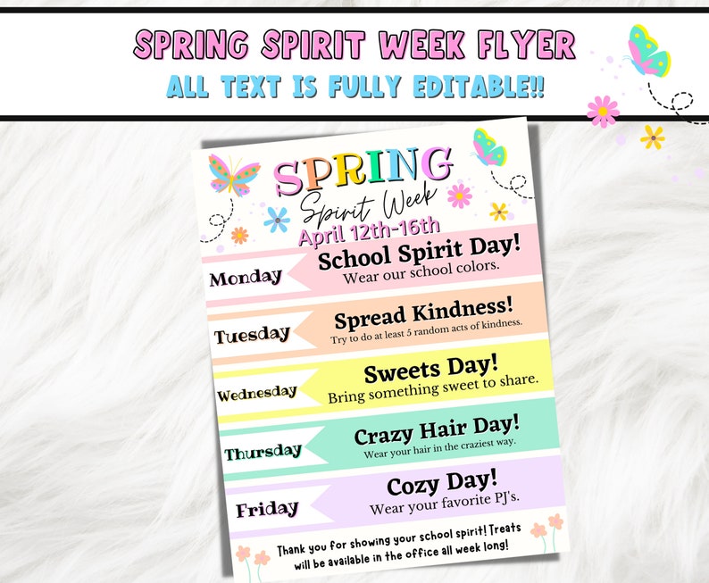 Spring Spirit Week Editable Itinerary Schedule | Printable DIY Spirit ...