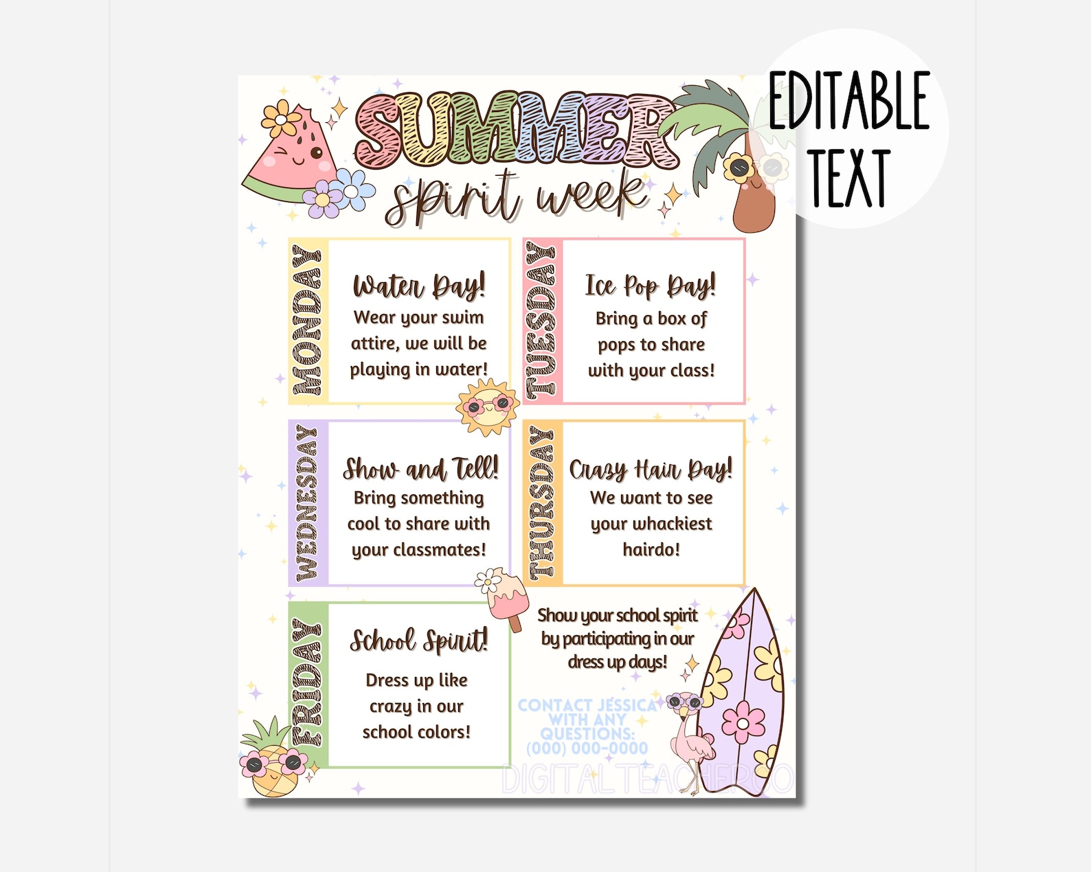 Cute Summer Spirit Week Editable Itinerary Schedule | Printable DIY ...