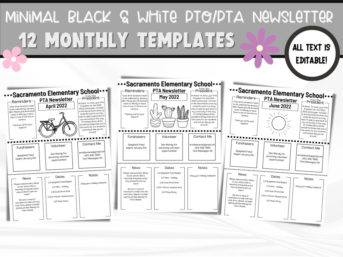 Yearly PTO PTA EDITABLE Newsletter Template for School. Parent Teacher ...