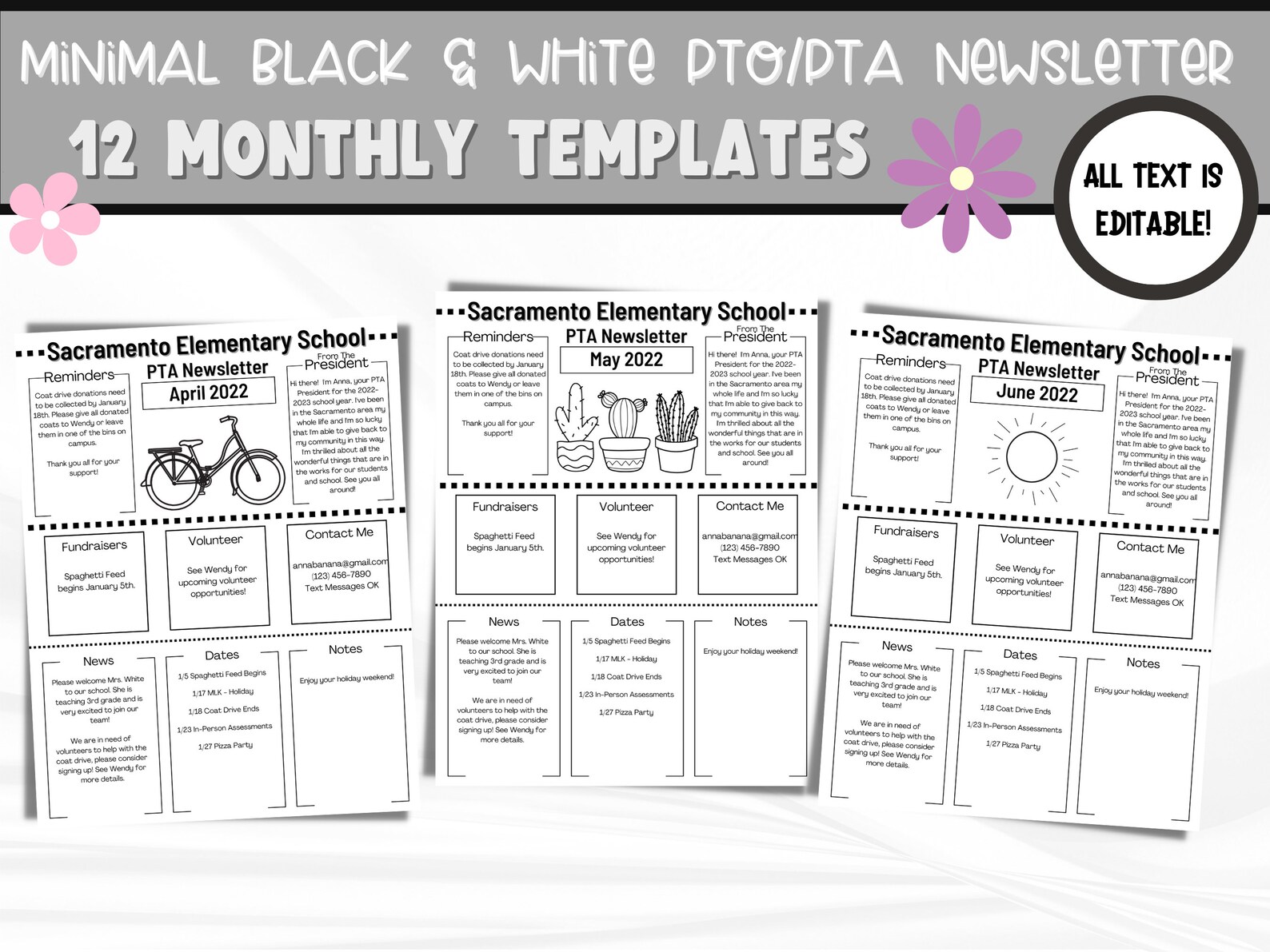 Yearly PTO PTA EDITABLE Newsletter Template for School. Parent Teacher ...