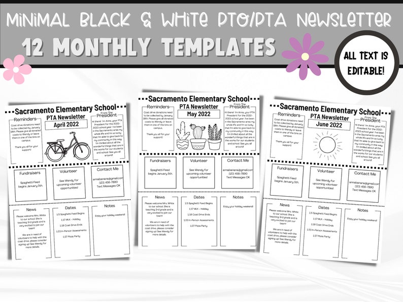 Yearly PTO PTA EDITABLE Newsletter Template for School. Parent Teacher ...