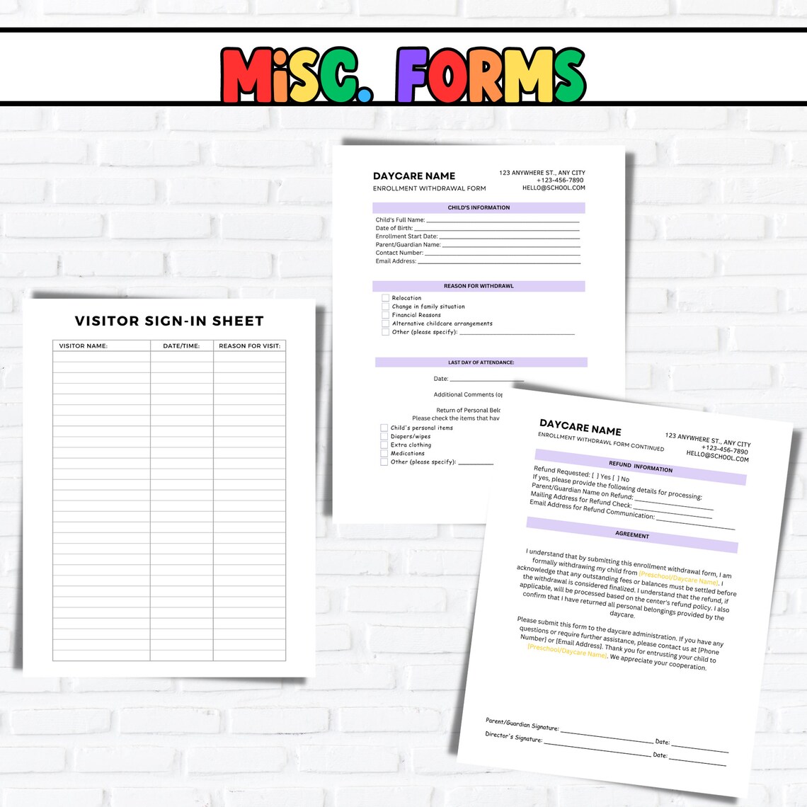 EDITABLE Essential Business Daycare Forms and Templates Preschool Forms ...
