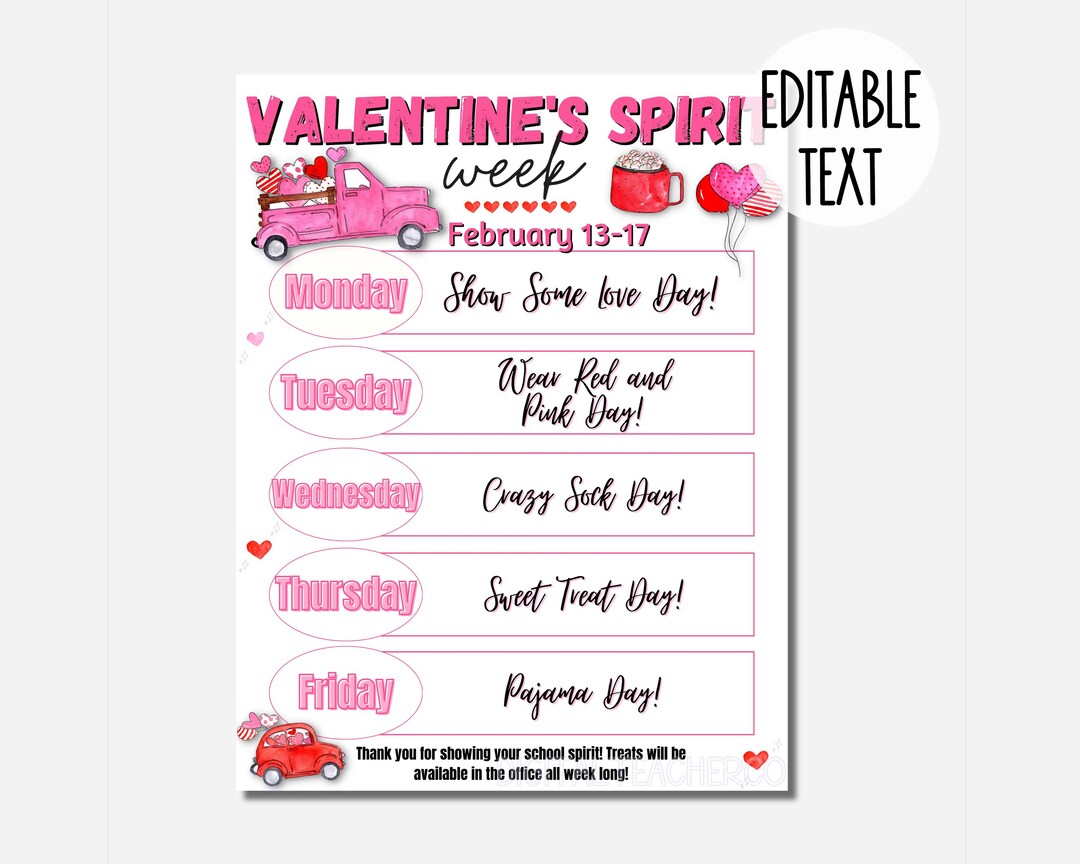 Valentine's Spirit Week Editable Itinerary Schedule | Printable DIY ...