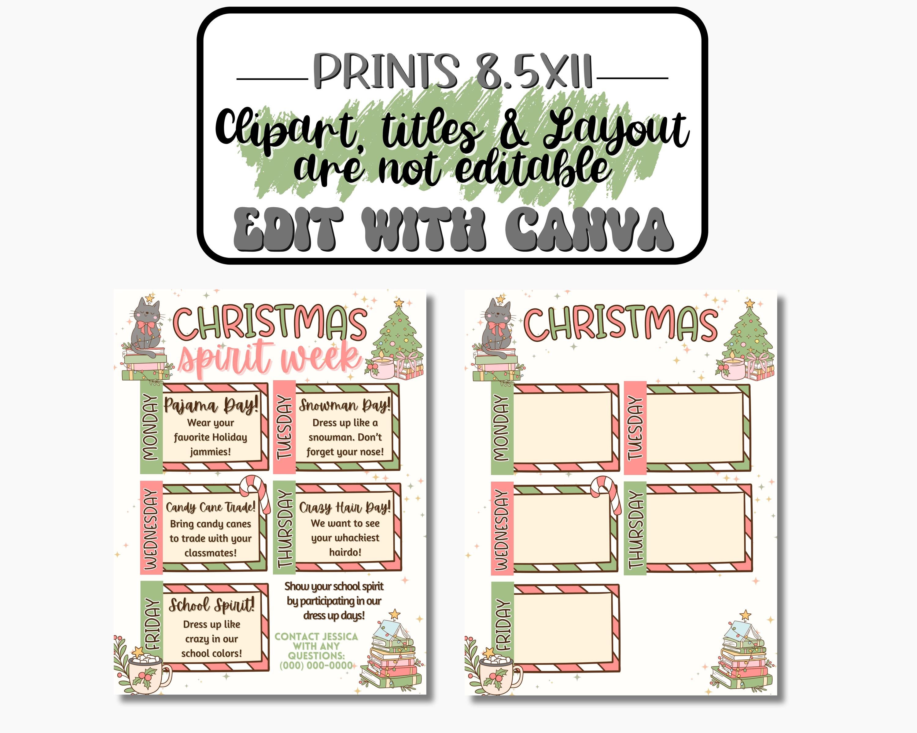 Cute Christmas School Spirit Week Editable Itinerary Schedule ...