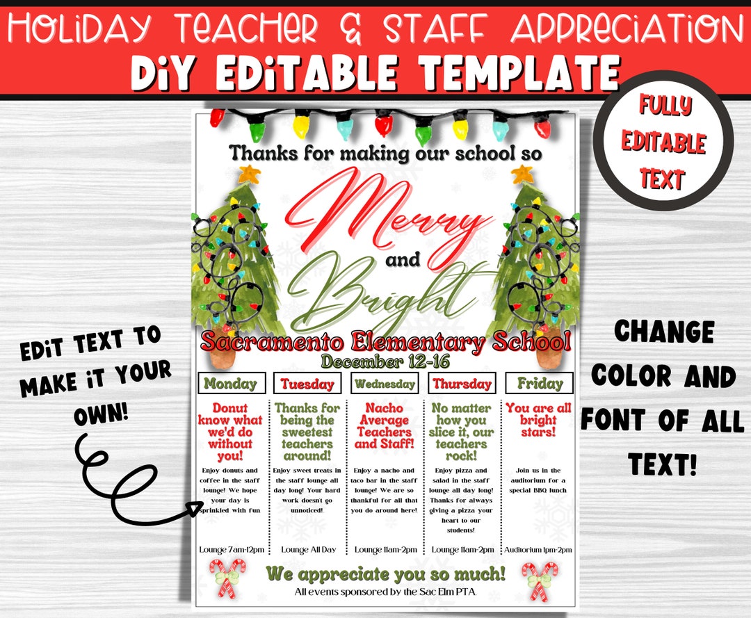 Holiday Teacher & Staff Appreciation Editable Itinerary Schedule ...