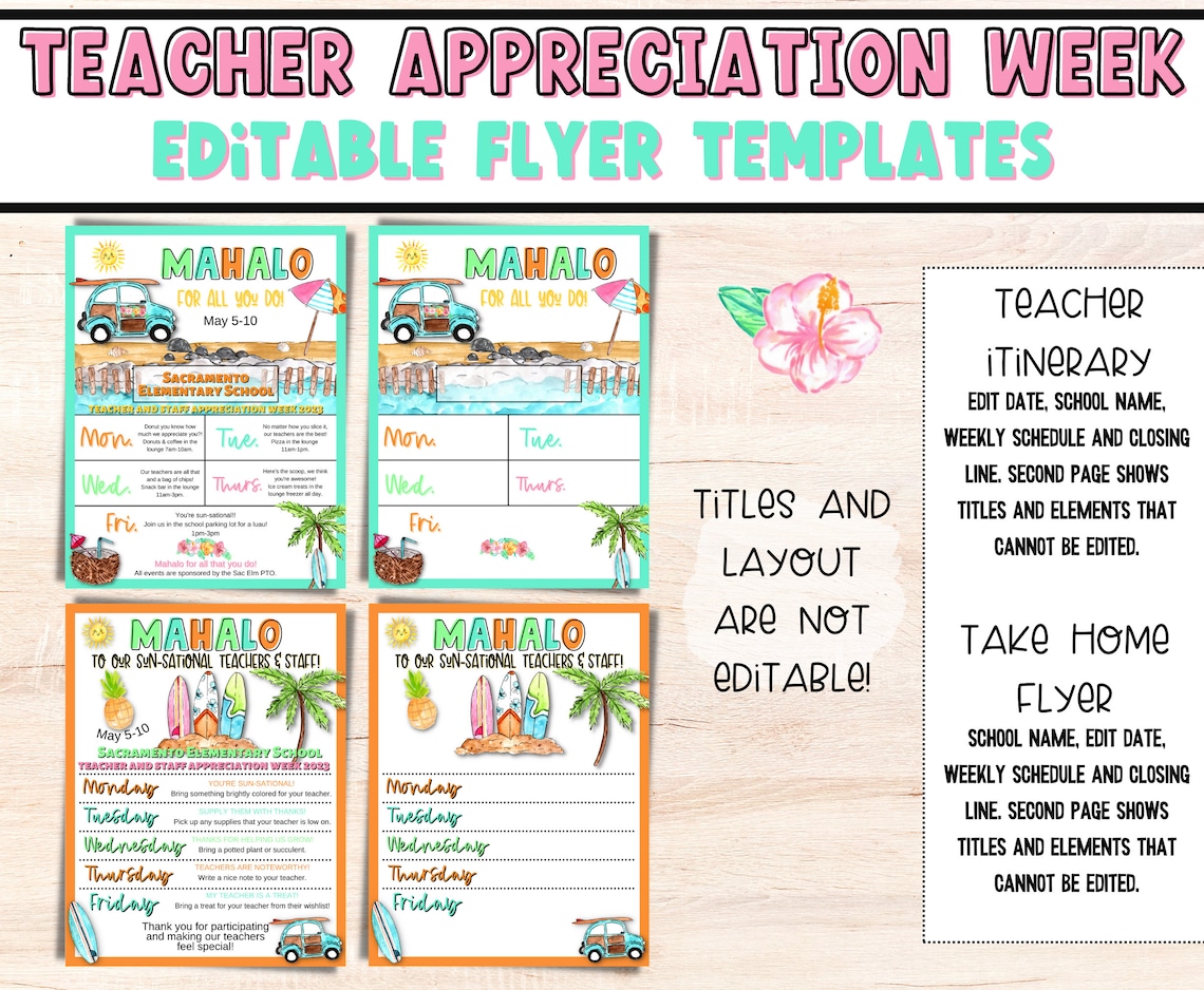 Mahalo Teacher Appreciation Week Printable Editable Hawaiian Theme ...
