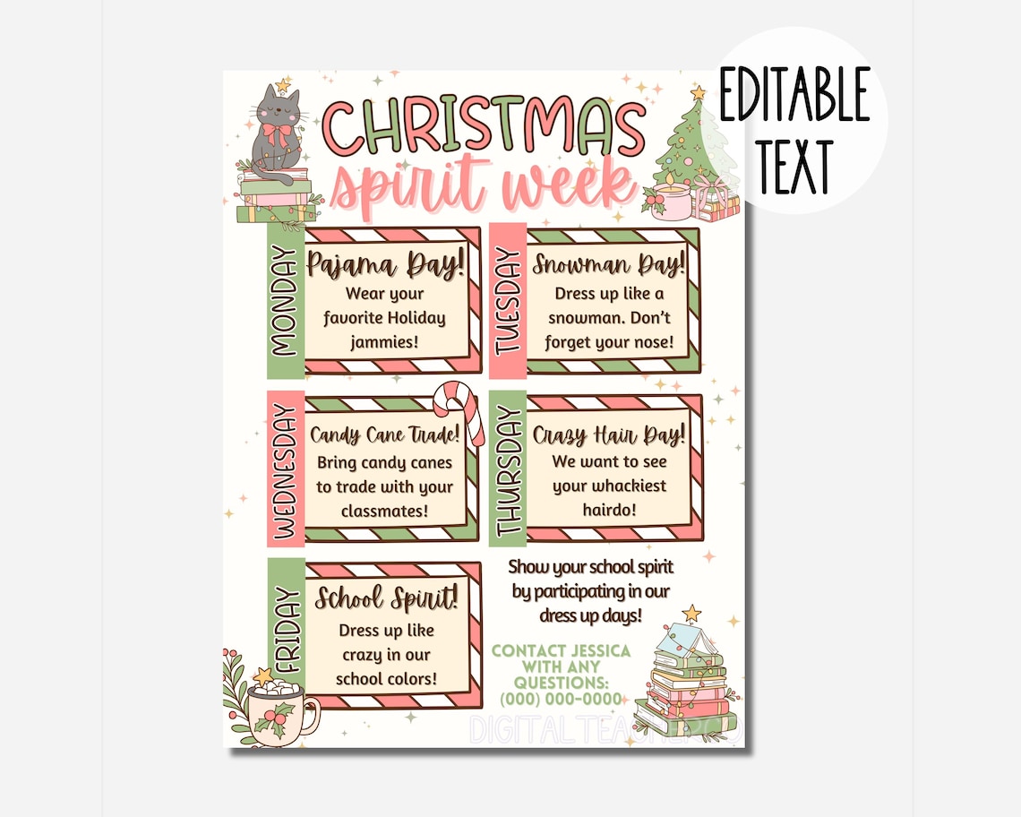 Cute Christmas School Spirit Week Editable Itinerary Schedule ...