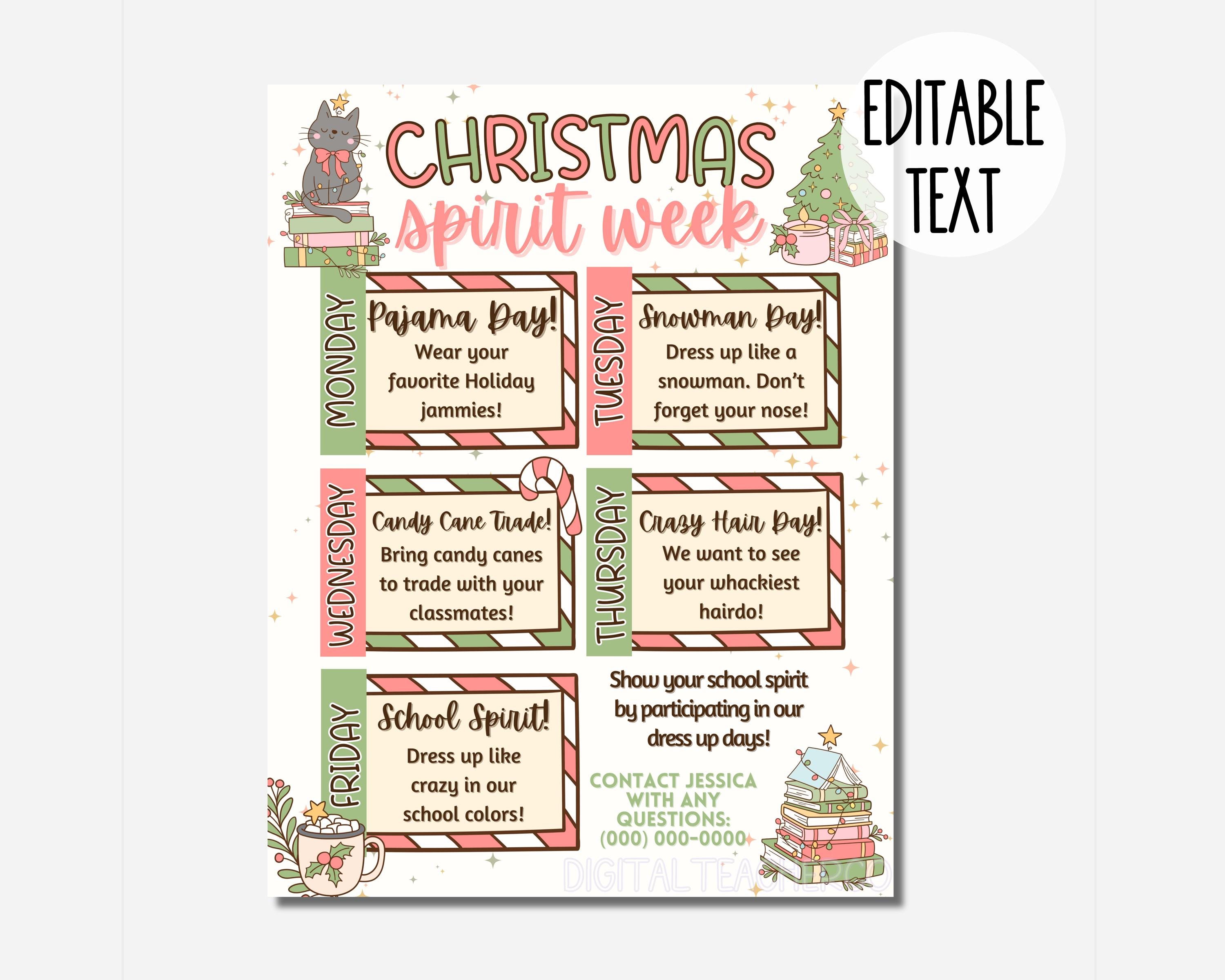 Cute Christmas School Spirit Week Editable Itinerary Schedule ...