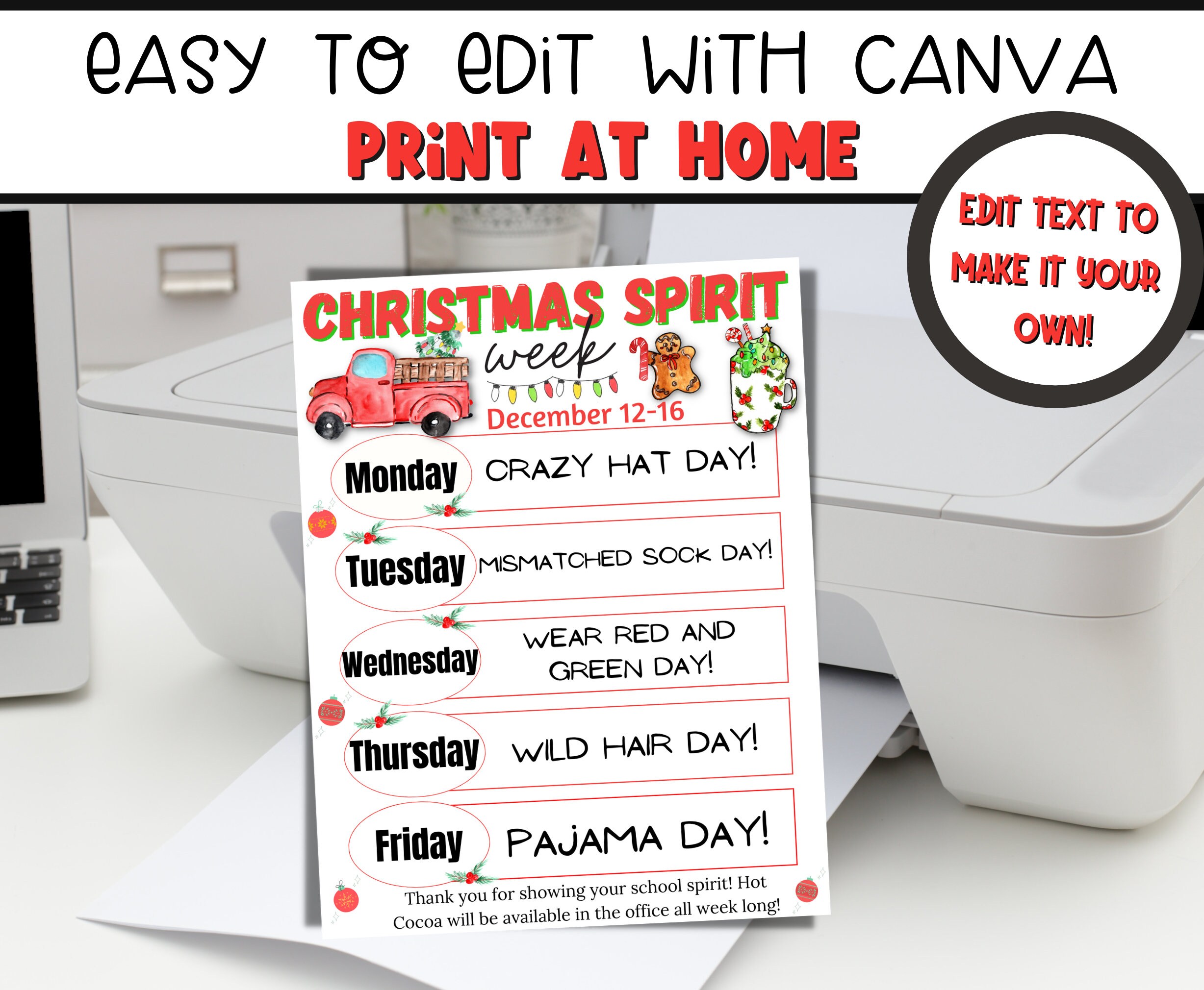 Christmas Spirit Week Editable Itinerary Schedule | Printable DIY ...