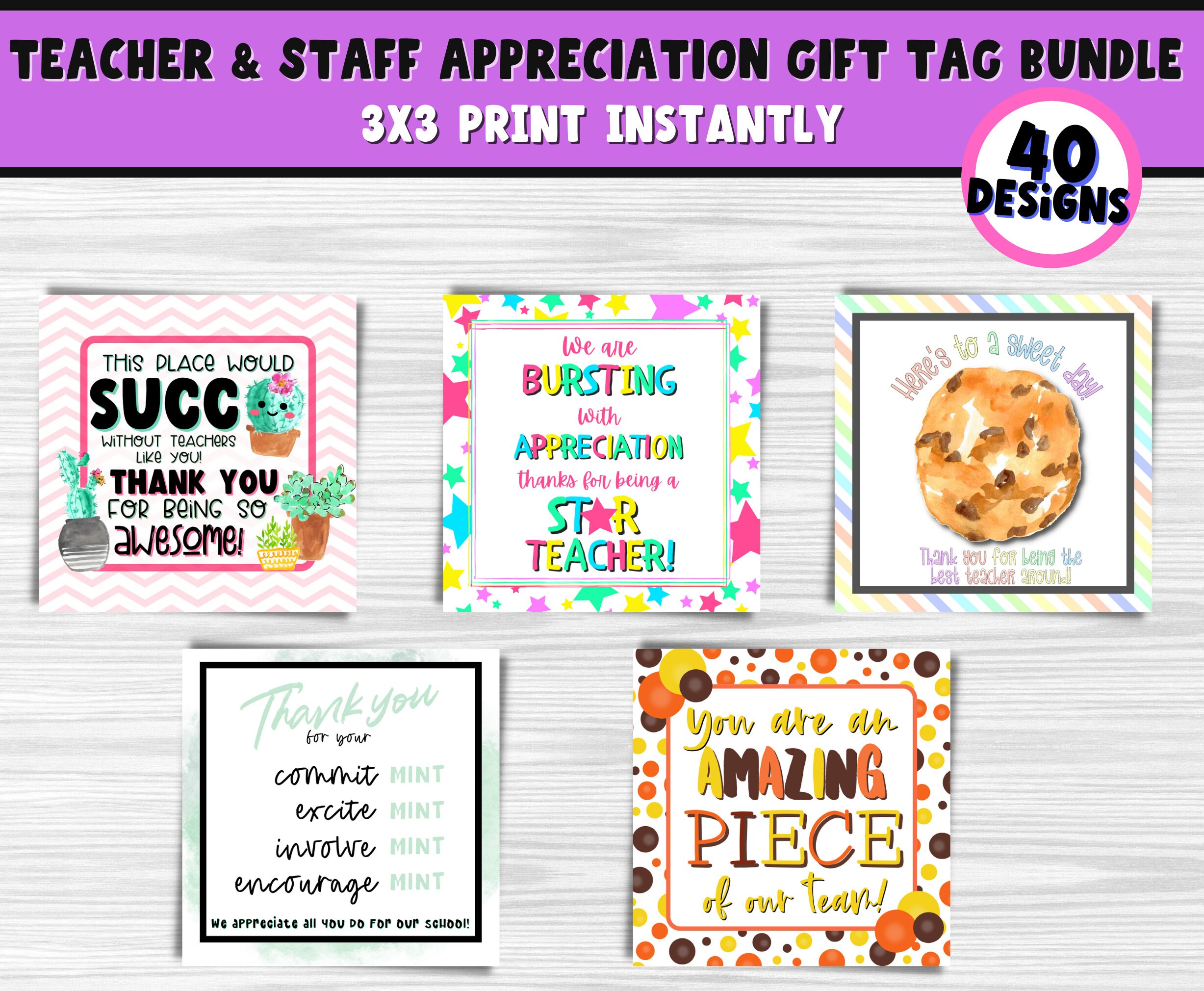 Teacher Appreciation Gift Tag Bundle of 40 Designs Coffee, Snack ...