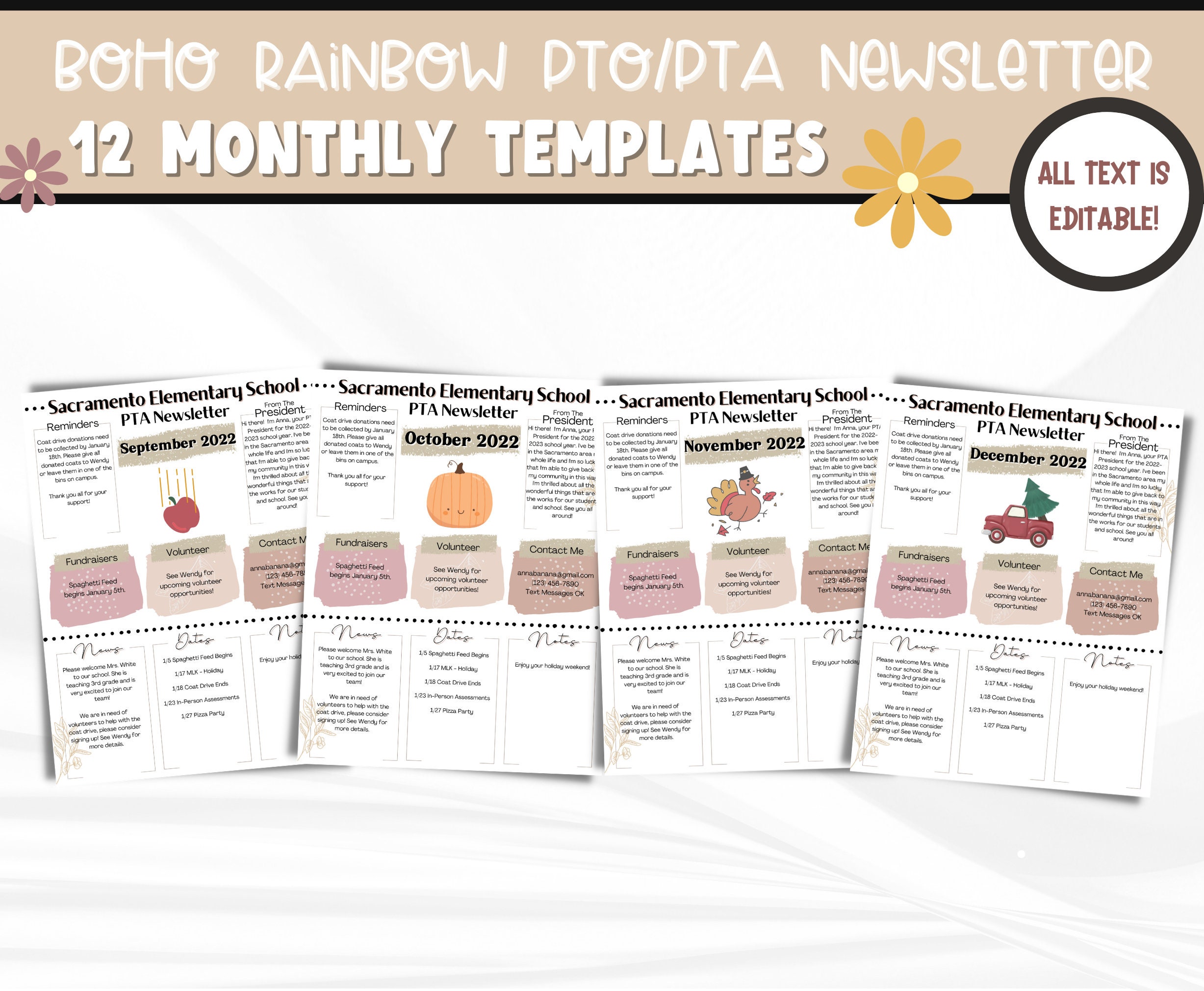 Yearly PTO/PTA Newsletter EDITABLE Template for School. Parent Teacher ...