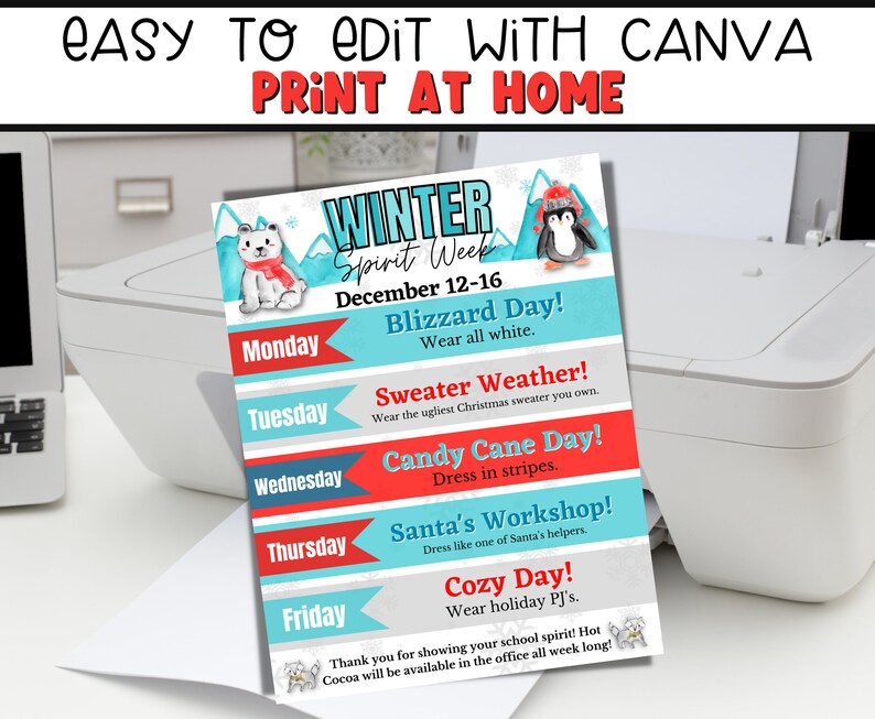 Winter Spirit Week Editable Itinerary Schedule | Printable DIY Spirit ...