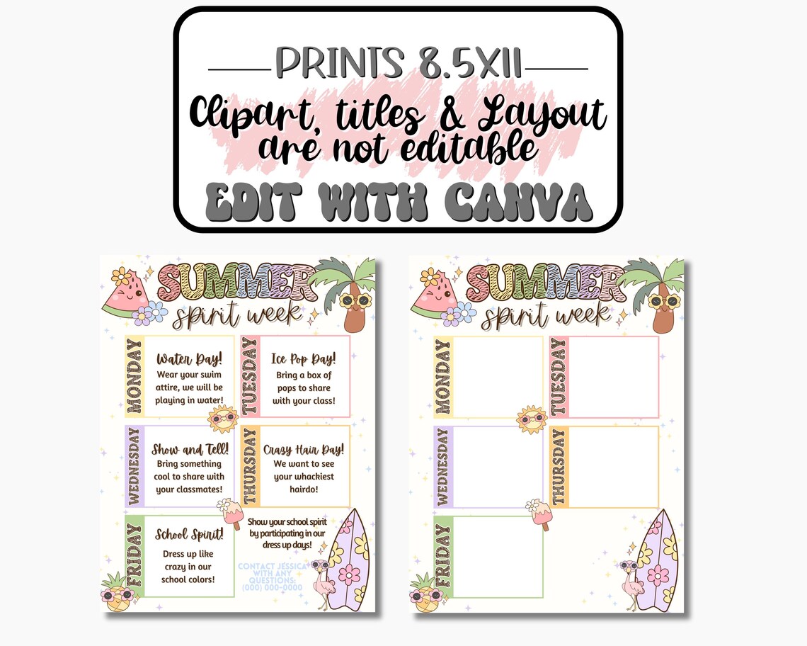 Cute Summer Spirit Week Editable Itinerary Schedule | Printable DIY ...