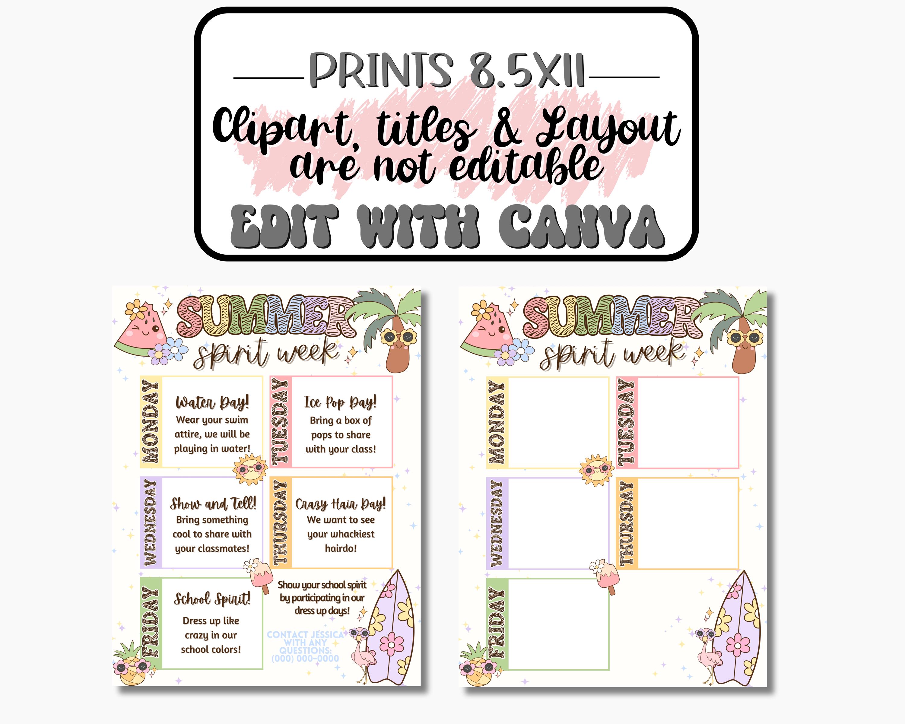 Cute Summer Spirit Week Editable Itinerary Schedule | Printable DIY ...