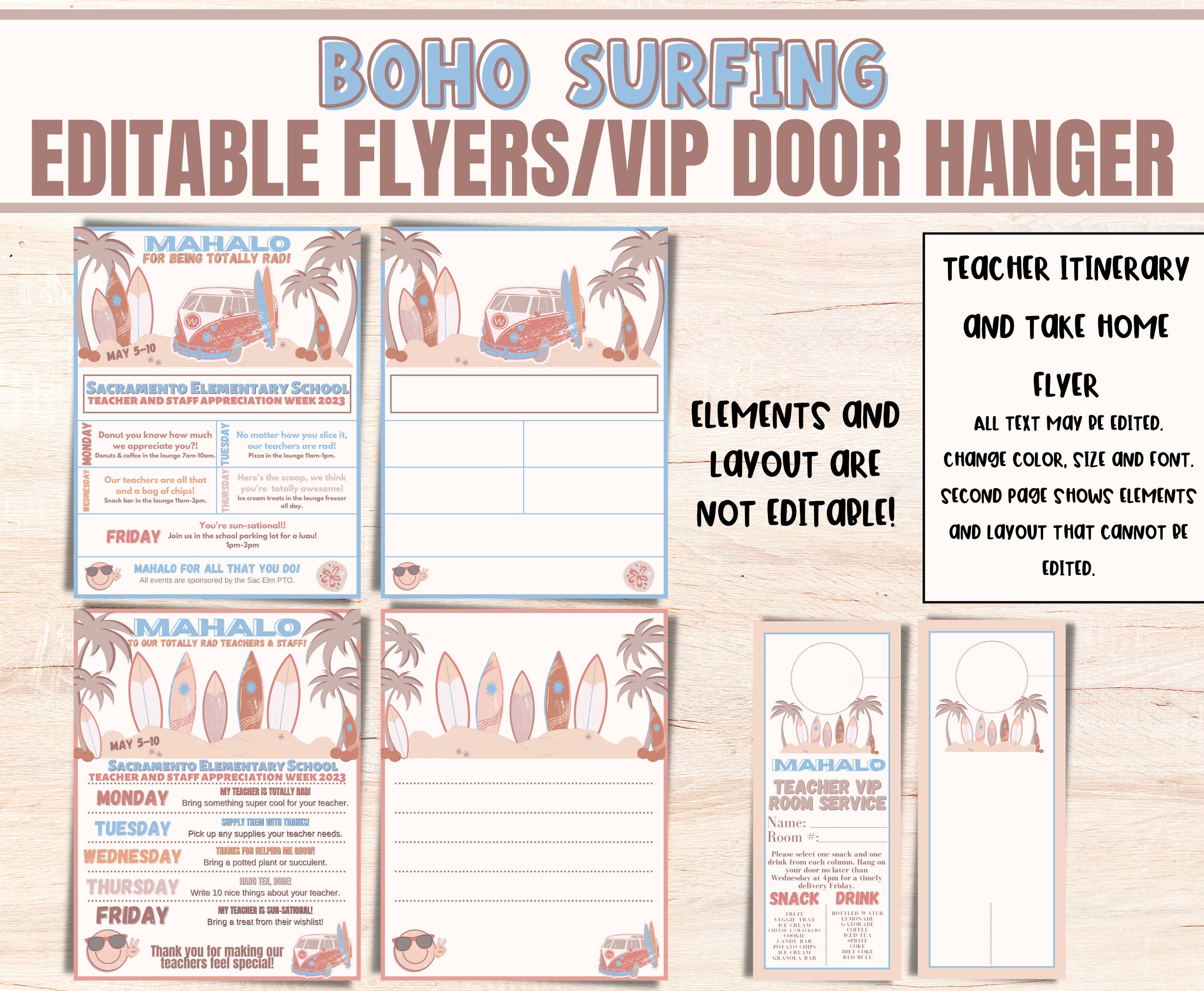 Mahalo Boho Surfing Teacher Appreciation Week Printable Editable Bundle ...
