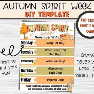 Autumn School Spirit Week Schedule Fall Flyer Fundraiser for PTO/PTA ...