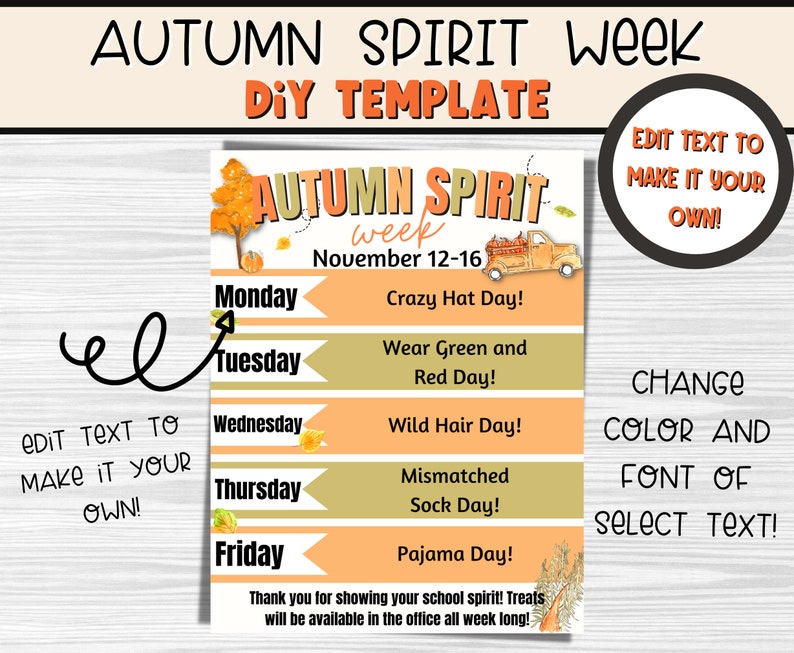 Autumn School Spirit Week Schedule Fall Flyer Fundraiser for PTO/PTA ...