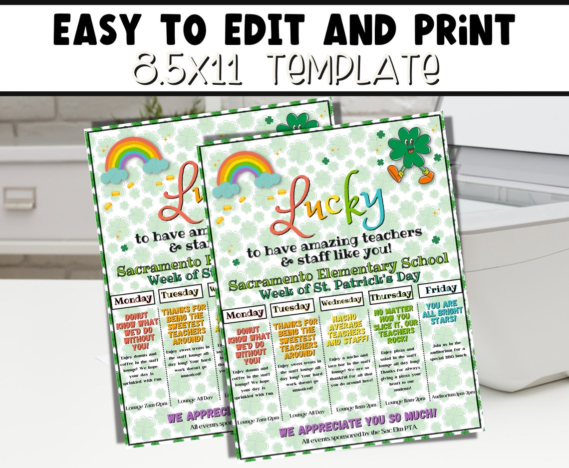 St. Patrick's Teacher & Staff Appreciation Editable Itinerary Schedule ...