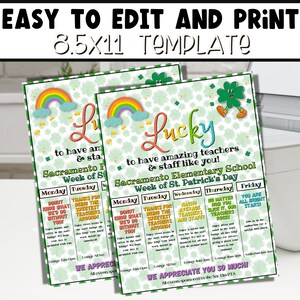 St. Patrick's Teacher & Staff Appreciation Editable Itinerary Schedule ...