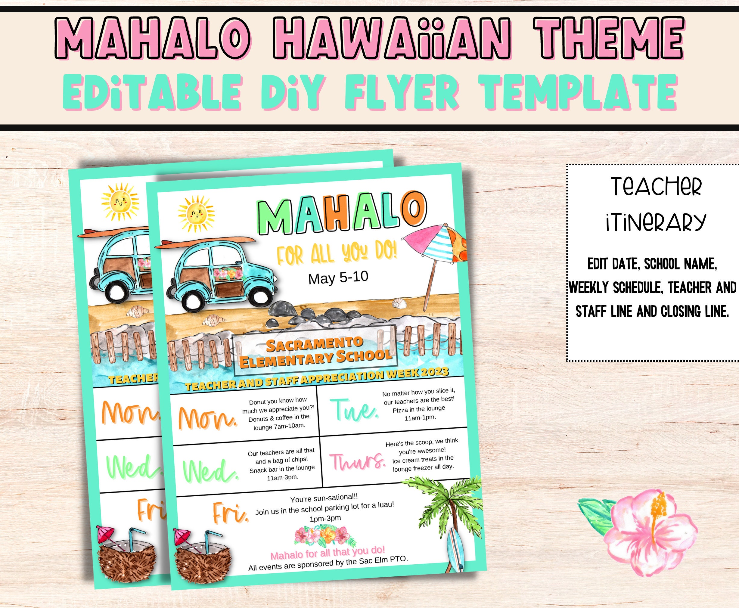Hawaiian Teacher Appreciation Editable Itinerary Schedule Printable DIY ...
