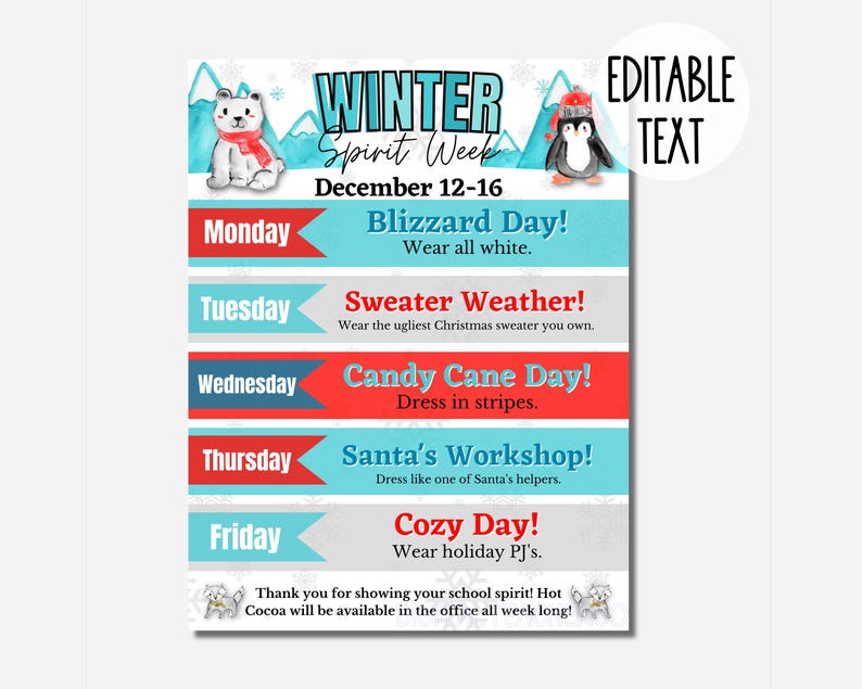 Winter Spirit Week Editable Itinerary Schedule | Printable DIY Spirit ...