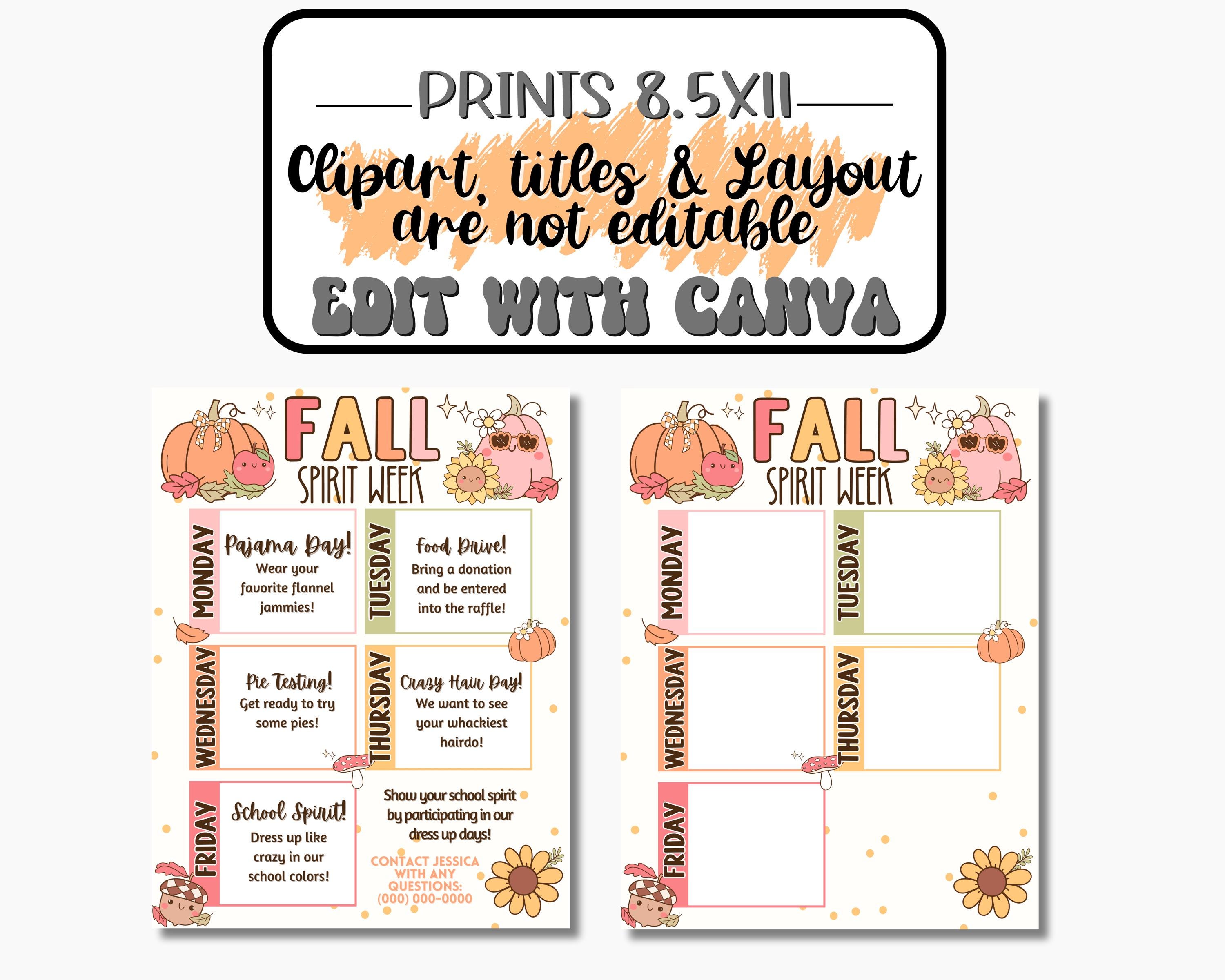 Cute Fall Spirit Week Editable Itinerary Schedule | Printable DIY ...