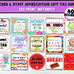 Teacher Appreciation Gift Tag Bundle of 40 Designs Coffee, Snack ...