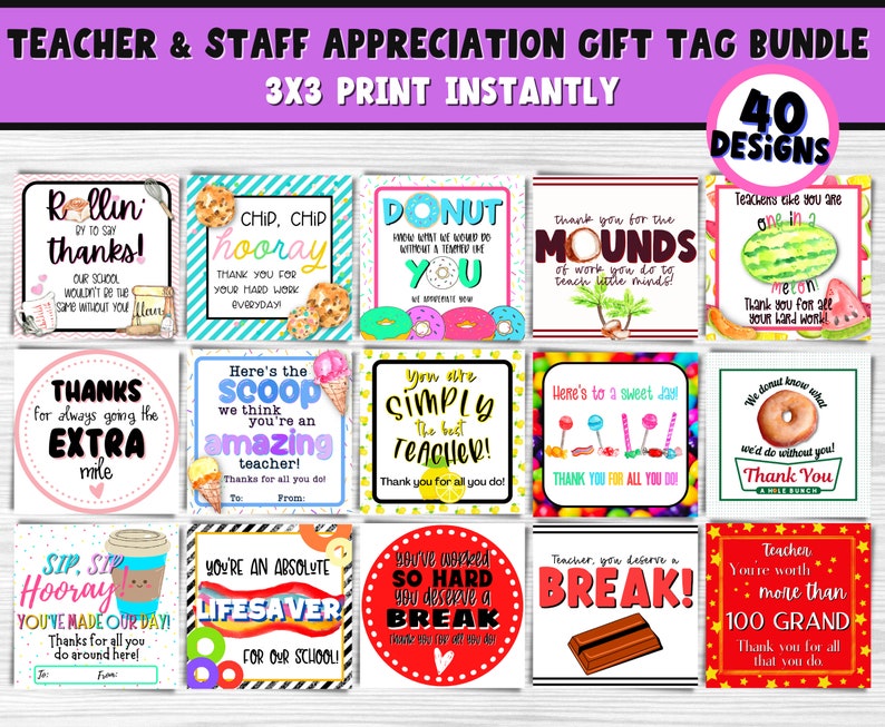 Teacher Appreciation Gift Tag Bundle of 40 Designs Coffee, Snack ...