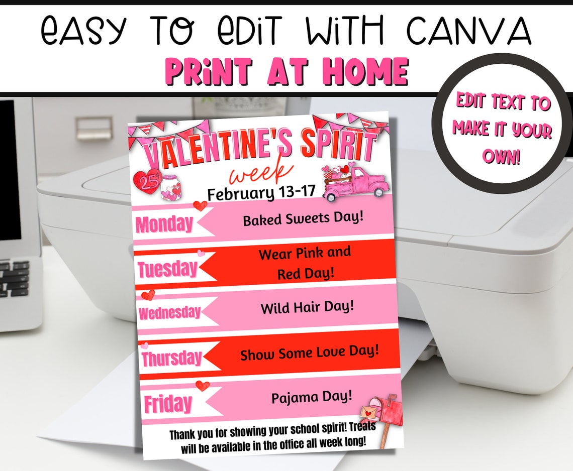 Valentine's Spirit Week Editable Itinerary Schedule | Printable DIY ...
