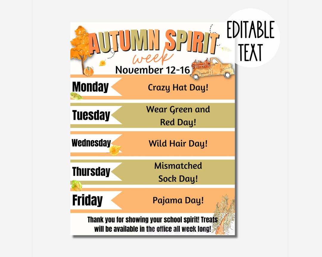 Autumn School Spirit Week Schedule Fall Flyer Fundraiser for PTO/PTA ...