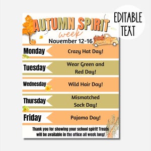 Autumn School Spirit Week Schedule Fall Flyer Fundraiser for PTO/PTA ...