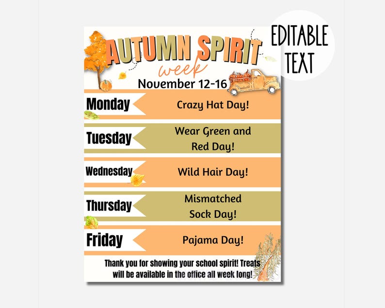 Autumn School Spirit Week Schedule Fall Flyer Fundraiser for PTO/PTA ...