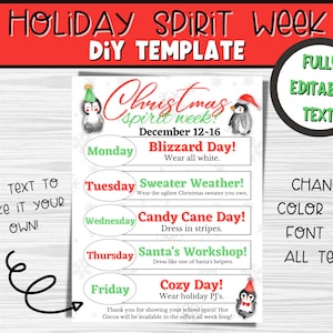 Christmas School Spirit Week Editable Itinerary Schedule | Printable ...