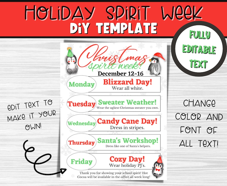 Christmas School Spirit Week Editable Itinerary Schedule Printable DIY ...
