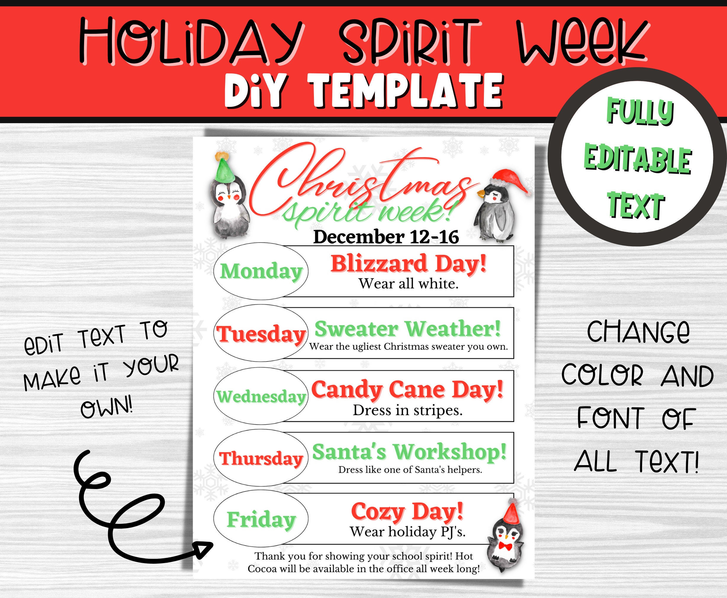 Christmas School Spirit Week Editable Itinerary Schedule Printable DIY ...