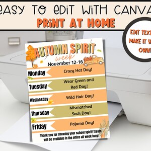 Autumn School Spirit Week Schedule Fall Flyer Fundraiser for PTO/PTA ...