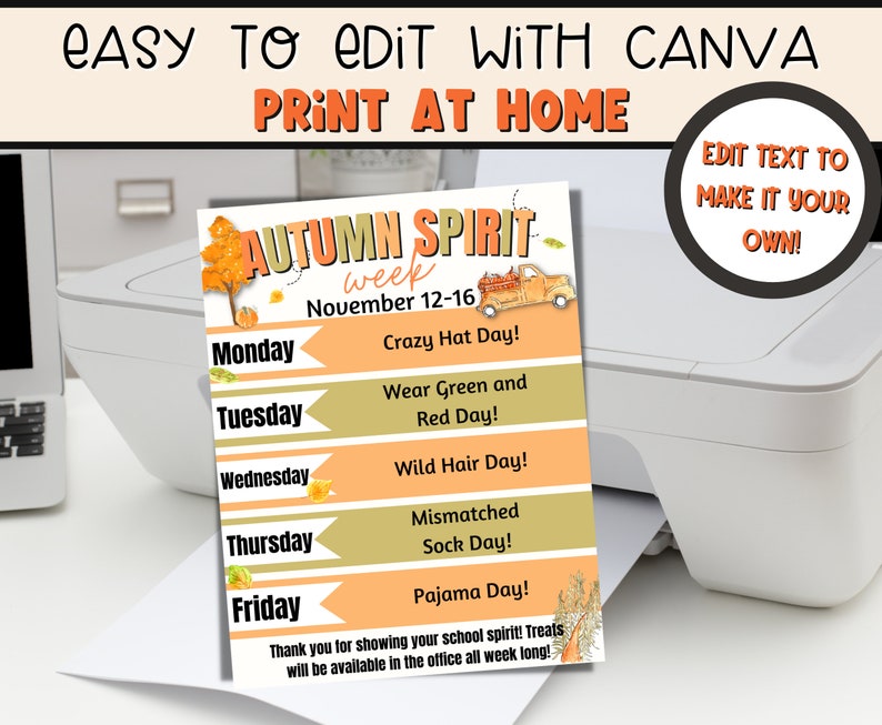 Autumn School Spirit Week Schedule Fall Flyer Fundraiser for PTO/PTA ...