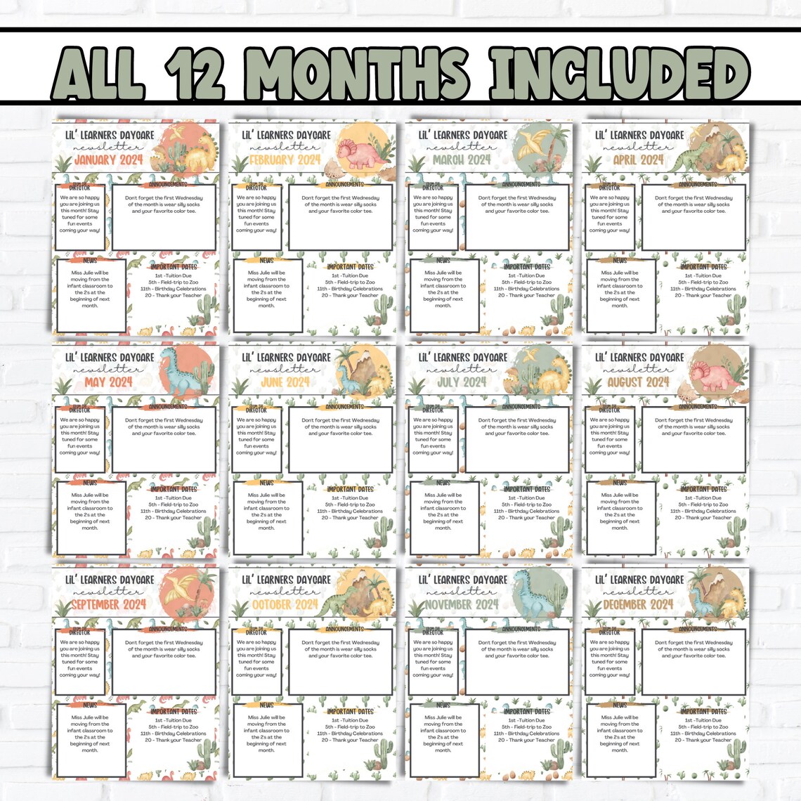 Yearly Daycare and Preschool Dinosaur Newsletter EDITABLE Templates ...